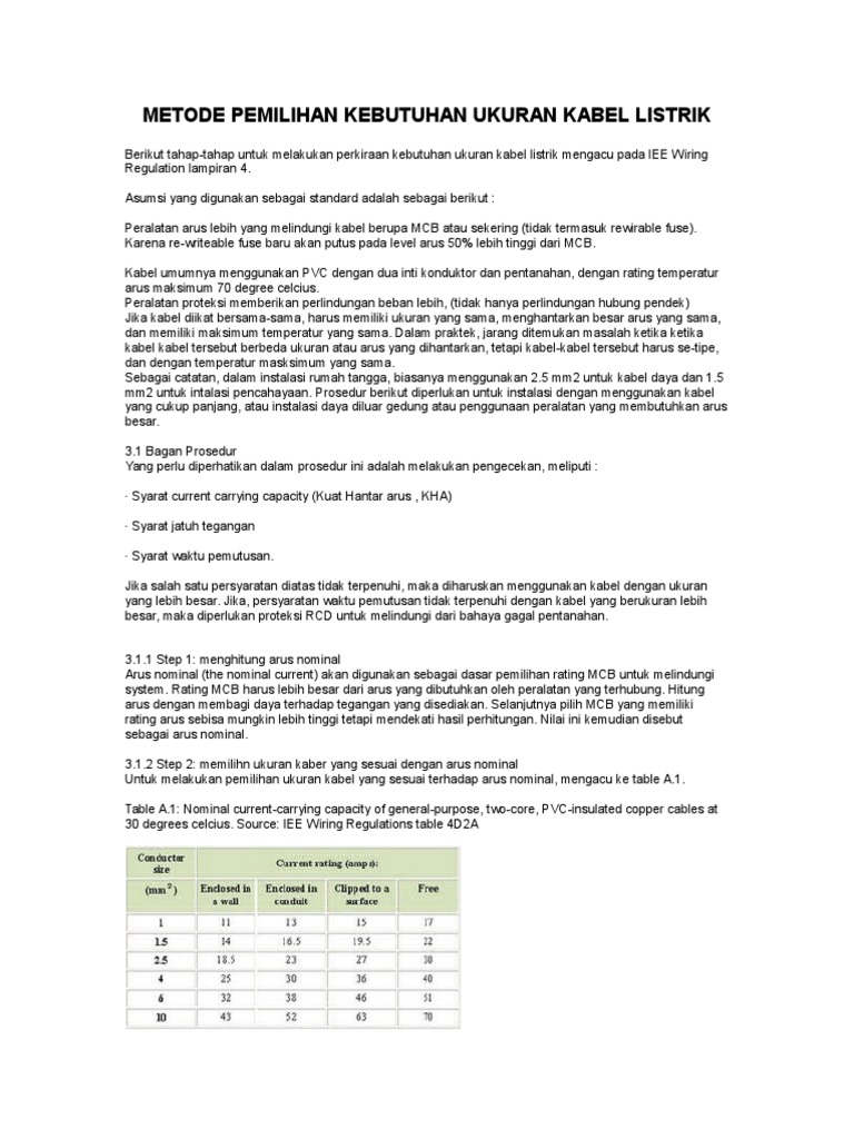 Metode Pemilihan Kebutuhan Ukuran Kabel Listrik | PDF