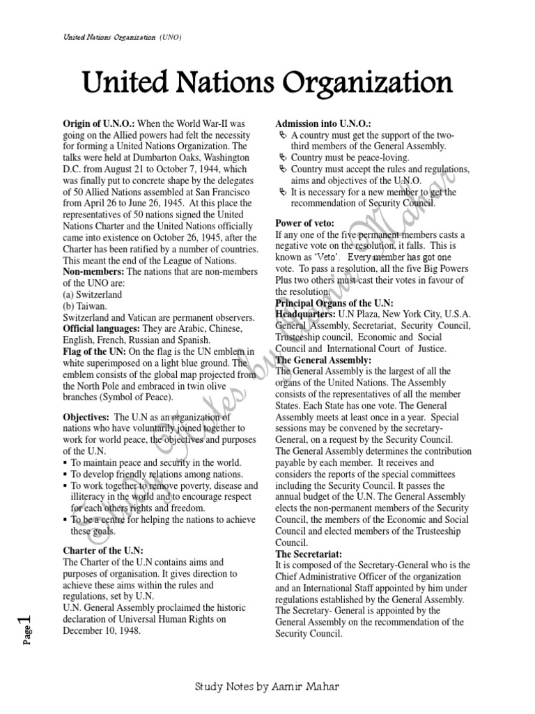 United Nations Organization (Detailed Notes) | PDF | Secretary General ...