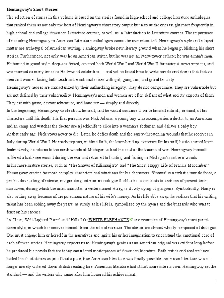 An Analysis of Hemingway's Short Stories and Their Significance in ...