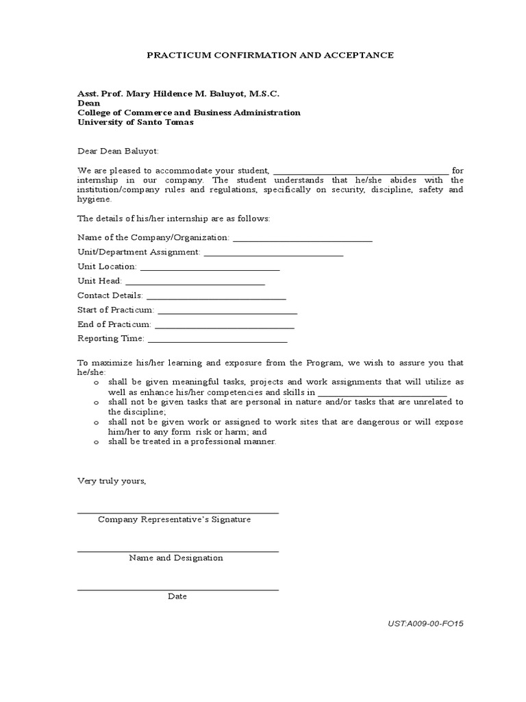 Letter of Confirmation and Acceptance 2014 2015 Revised | PDF | Career ...