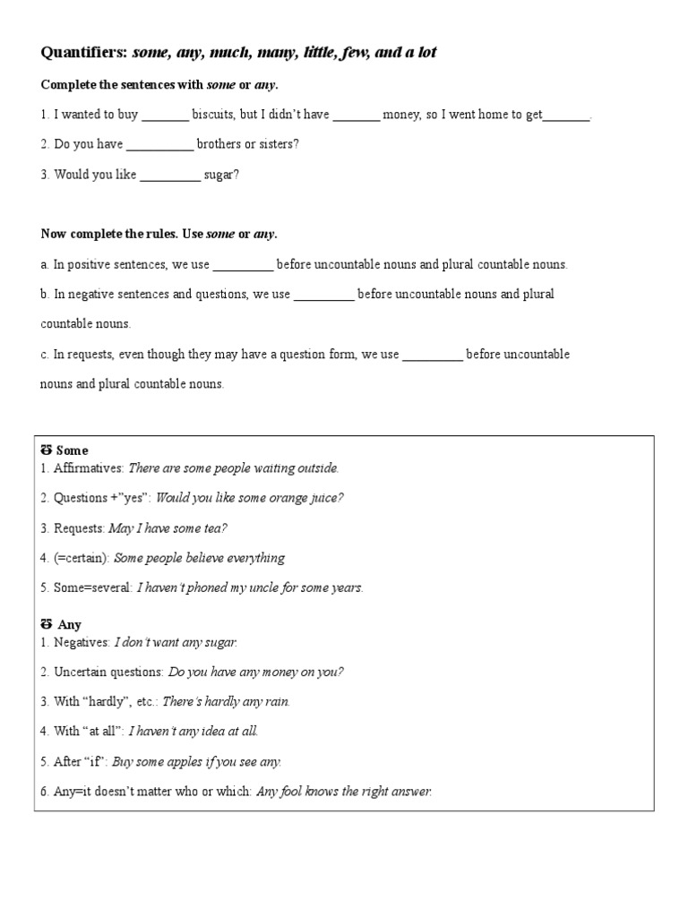 Quantifiers: Some, Any, Much, Many, Little, Few, and A Lot | PDF