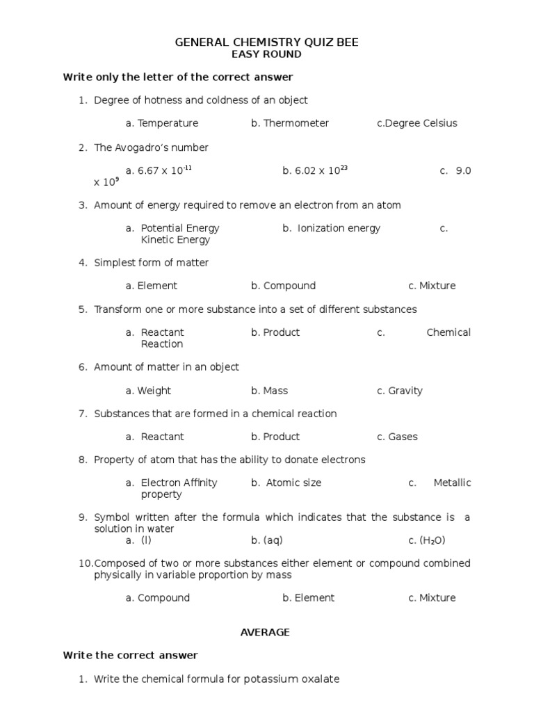 Chem Quiz Bee | PDF | Chemical Compounds | Matter
