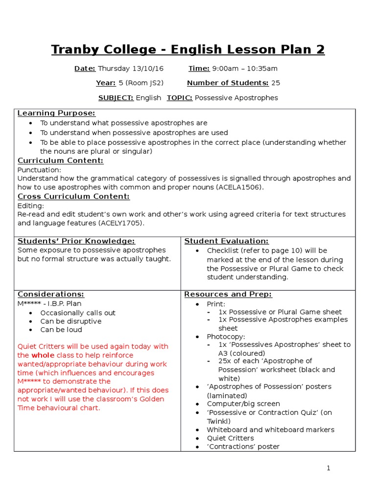 Tranby College English Lesson Plan 2 | PDF | Grammatical Number | Plural
