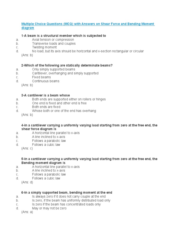Multiple Choice Questions and Answers on Shear Force and Bending Moment ...