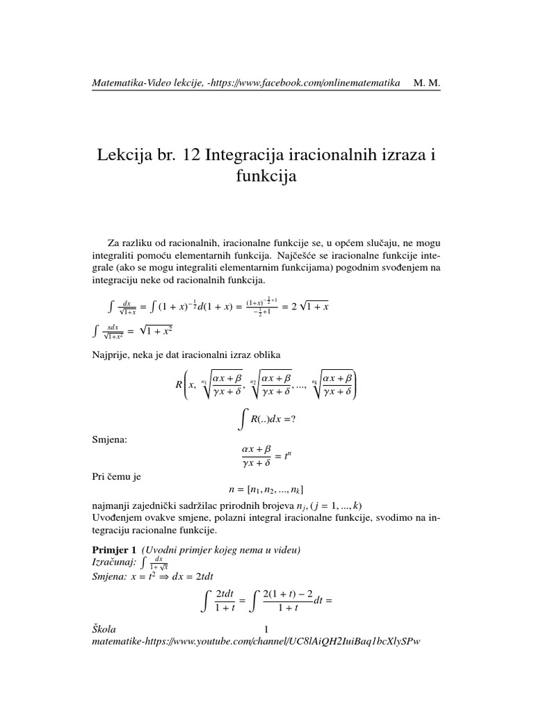 12. Integracija Iracionalnih Funkcija