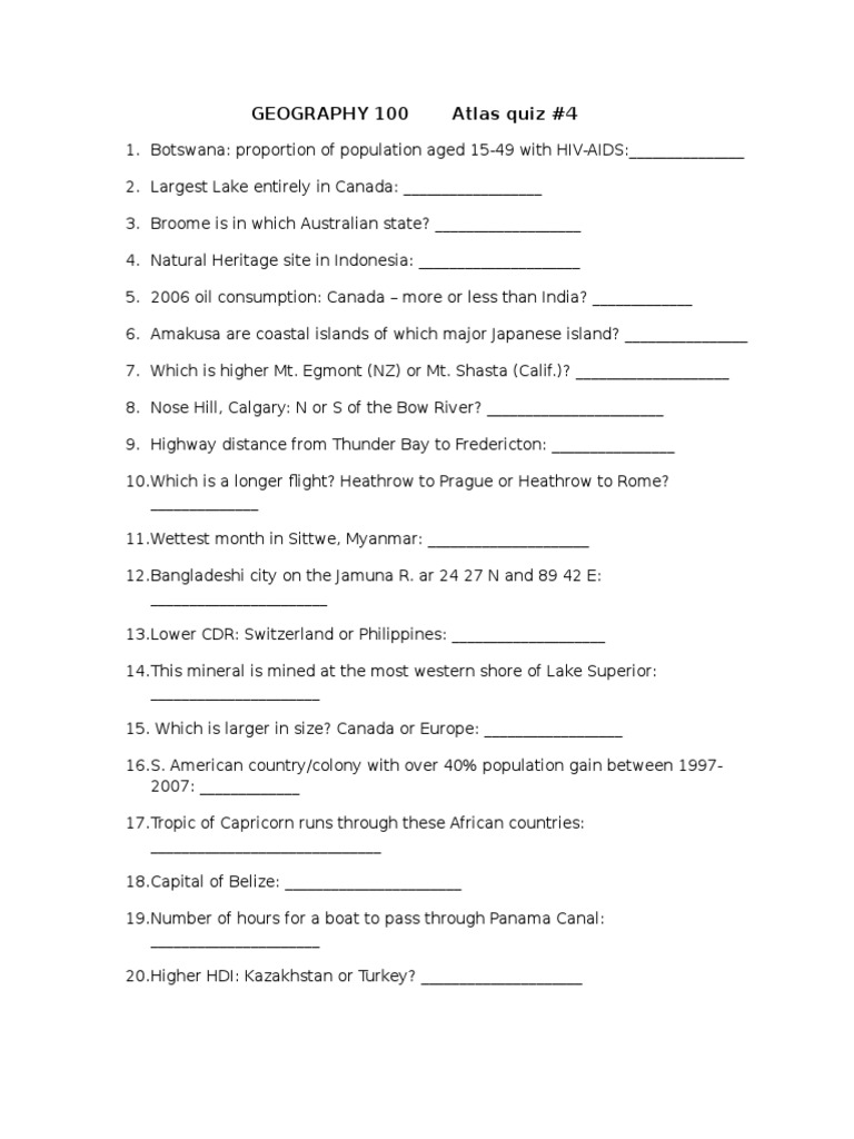 Geography 100 Atlas Quiz #4 | PDF | Earth Sciences | Geography