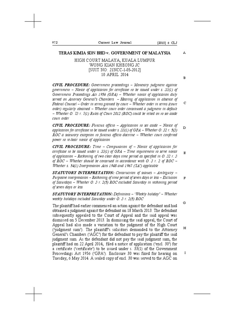 Teras Kimia SDN BHD V. Government of Malaysia: 972 (2015) 6 CLJ Current ...