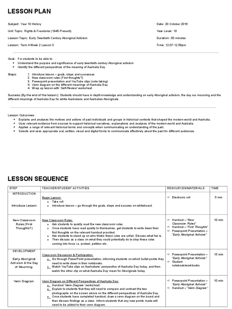 Year 10 History: Aboriginal Activism Lesson | PDF | Lesson Plan | Teaching