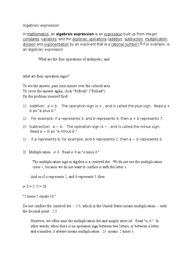 Mathematics Expression Constants Variables Algebraic Operations ...