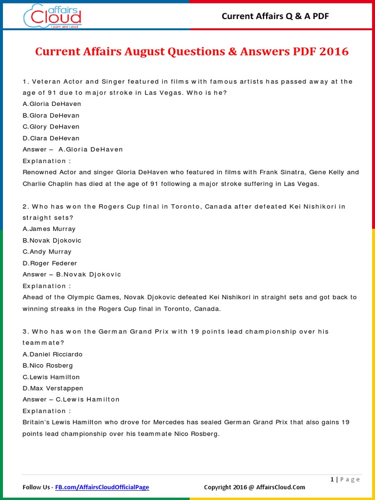 Current Affairs August Question & Answer 2016 PDF by AffairsCloud | PDF ...