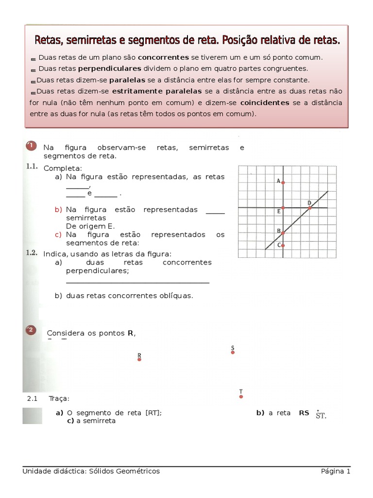 Ficha 01 - Retas, Semirretas e Segmentos de Reta | PDF