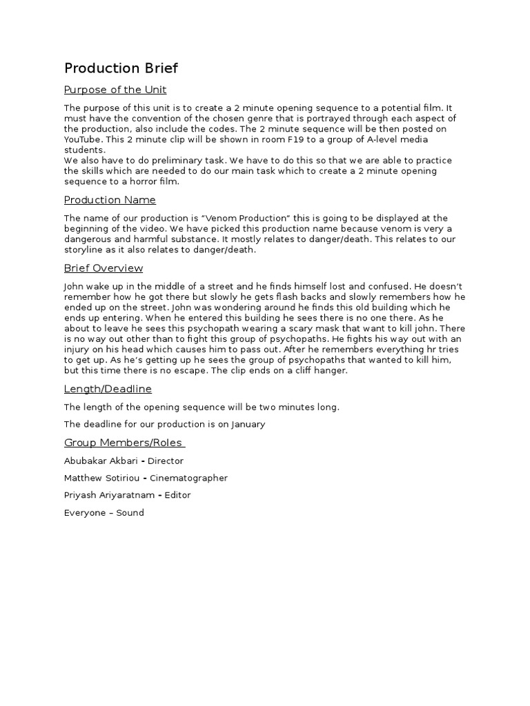 Production Brief: Purpose of The Unit | PDF | Games & Activities