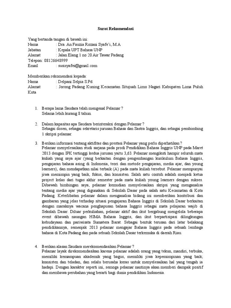 Contoh Draft Surat Rekomendasi | PDF | Karier & Perkembangan