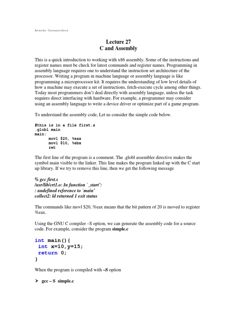 C and Assembly Program | PDF | Subroutine | Assembly Language