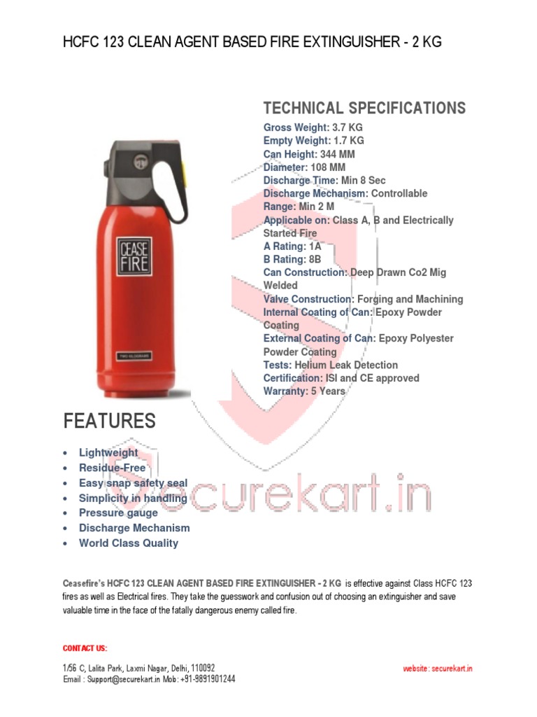 Ceasefire HCFC 123 Based Clean Agent Extinguishers - 2 KG Features ...