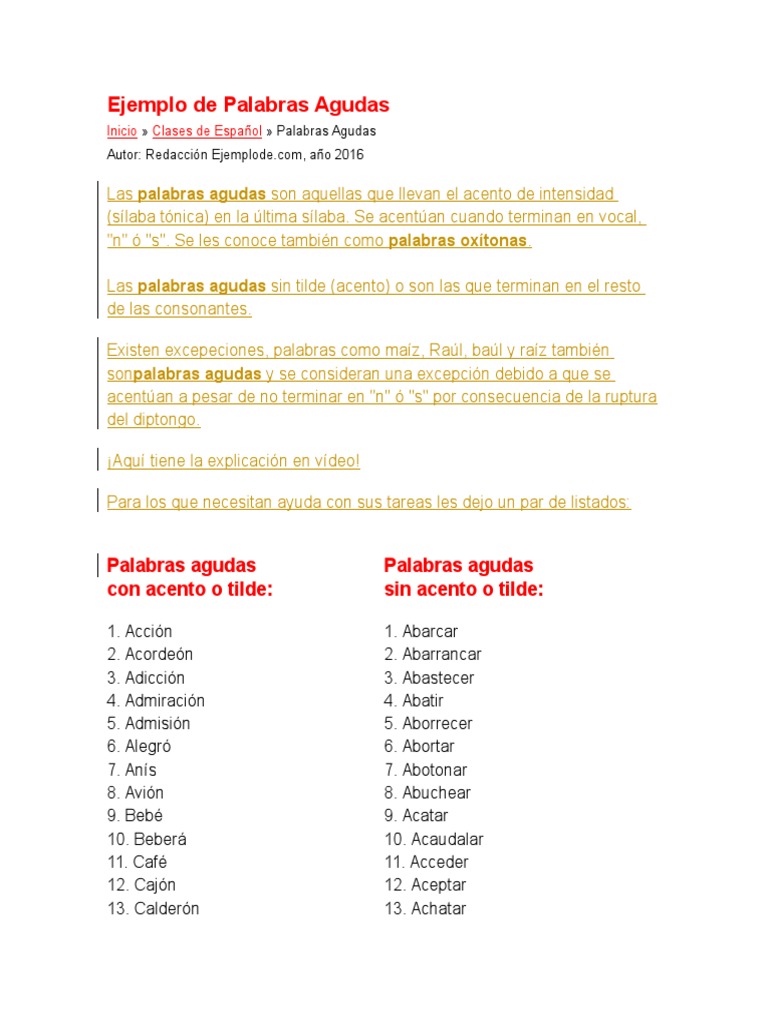 Ejemplo de Palabras Agudas | PDF | Fonología | Fonética