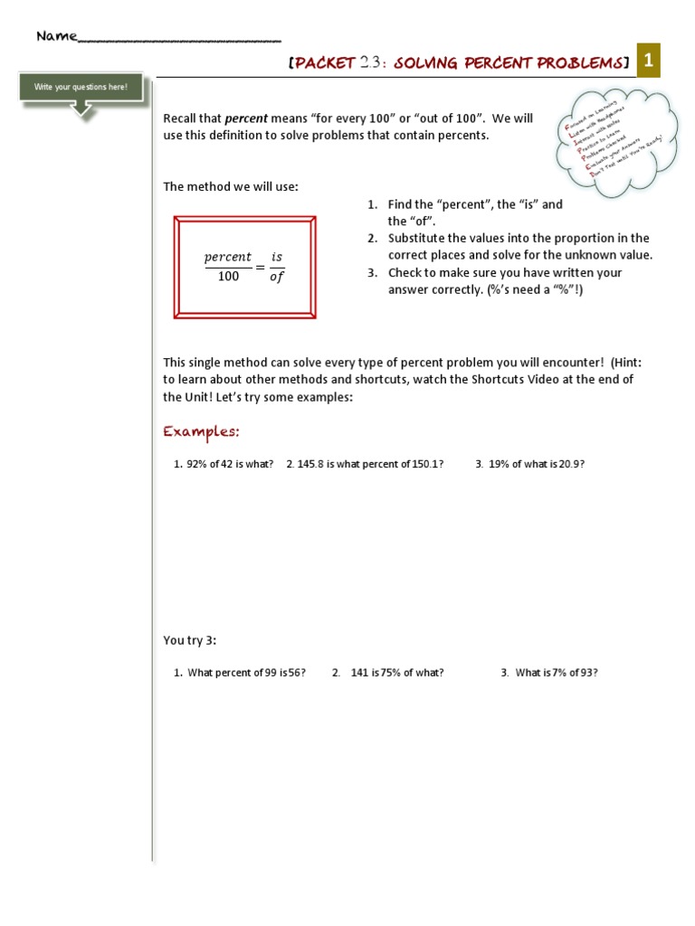 Packet 4.3: Solving Percent Problems: Examples | PDF