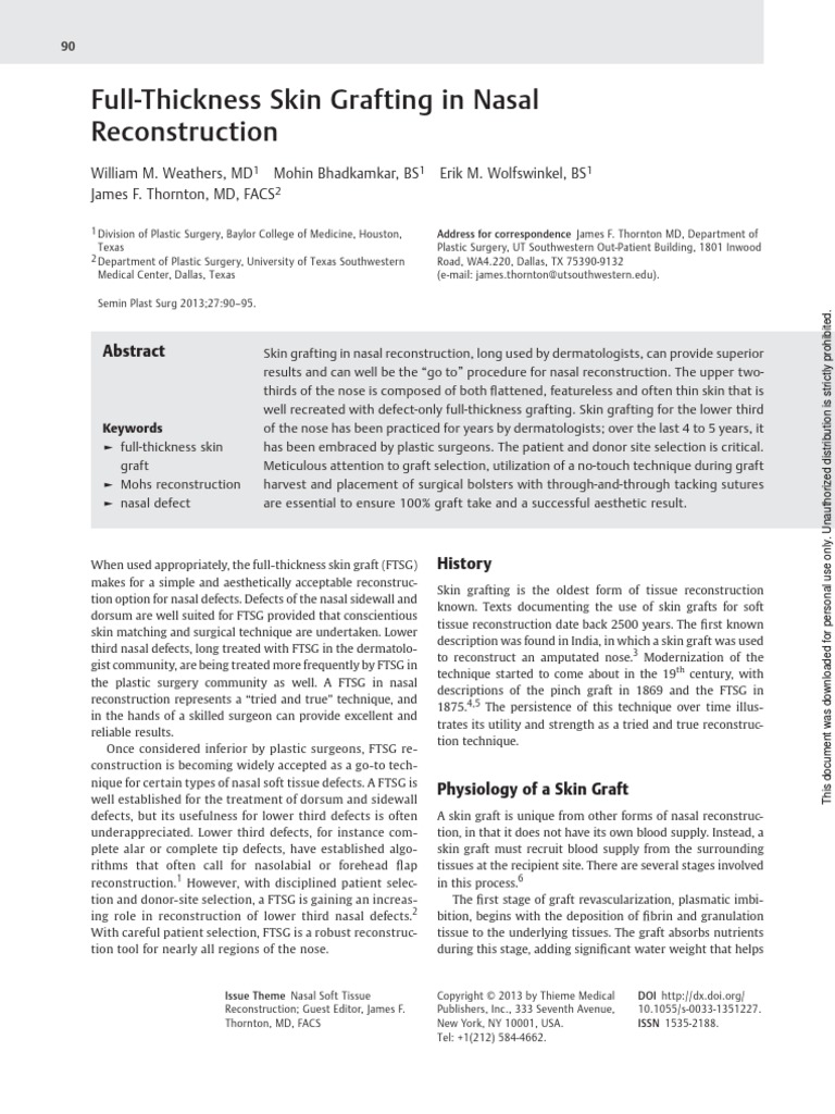 Full-Thickness Skin Grafting in Nasal Reconstruction | PDF | Plastic Surgery | Surgical Specialties