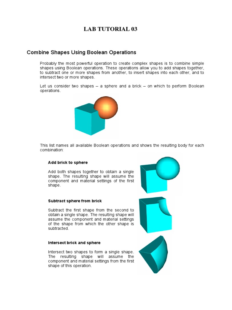 Combine Shapes Using Boolean Operations: Lab Tutorial 03 | PDF ...
