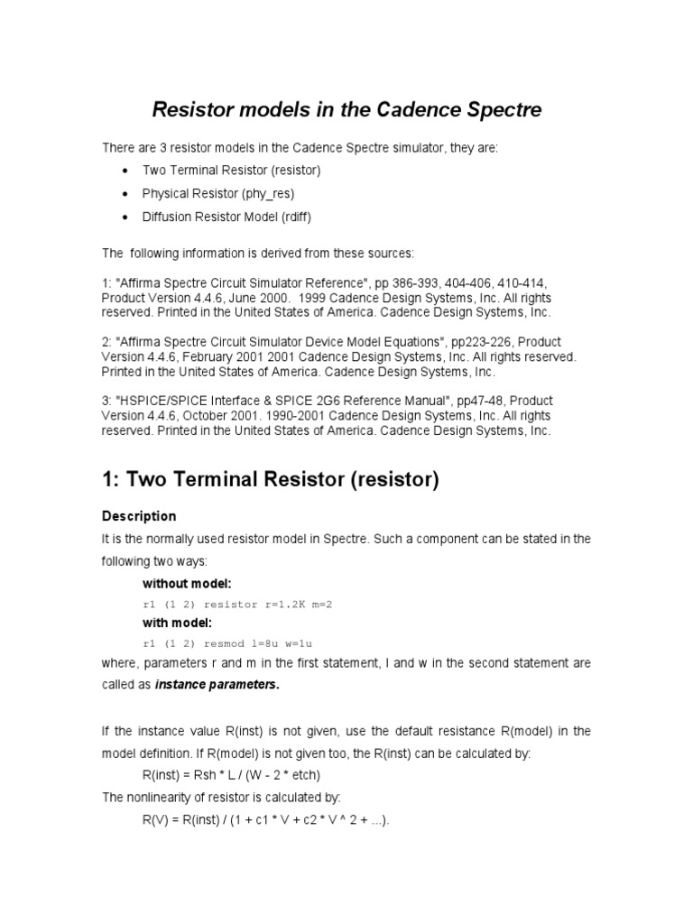 Resistor Models in The Cadence Spectre: 1: Two Terminal Resistor ...