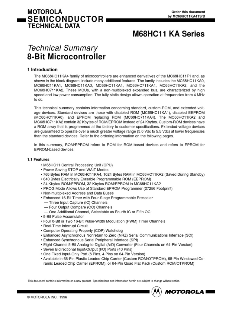 Technical Summary: Semiconductor M68HC11 KA Series | PDF ...