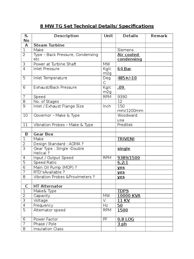 8 MW TG Set Technical Specs | PDF | Technology & Engineering
