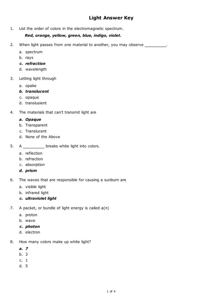 Light Answer Key: Red, Orange, Yellow, Green, Blue, Indigo, Violet ...
