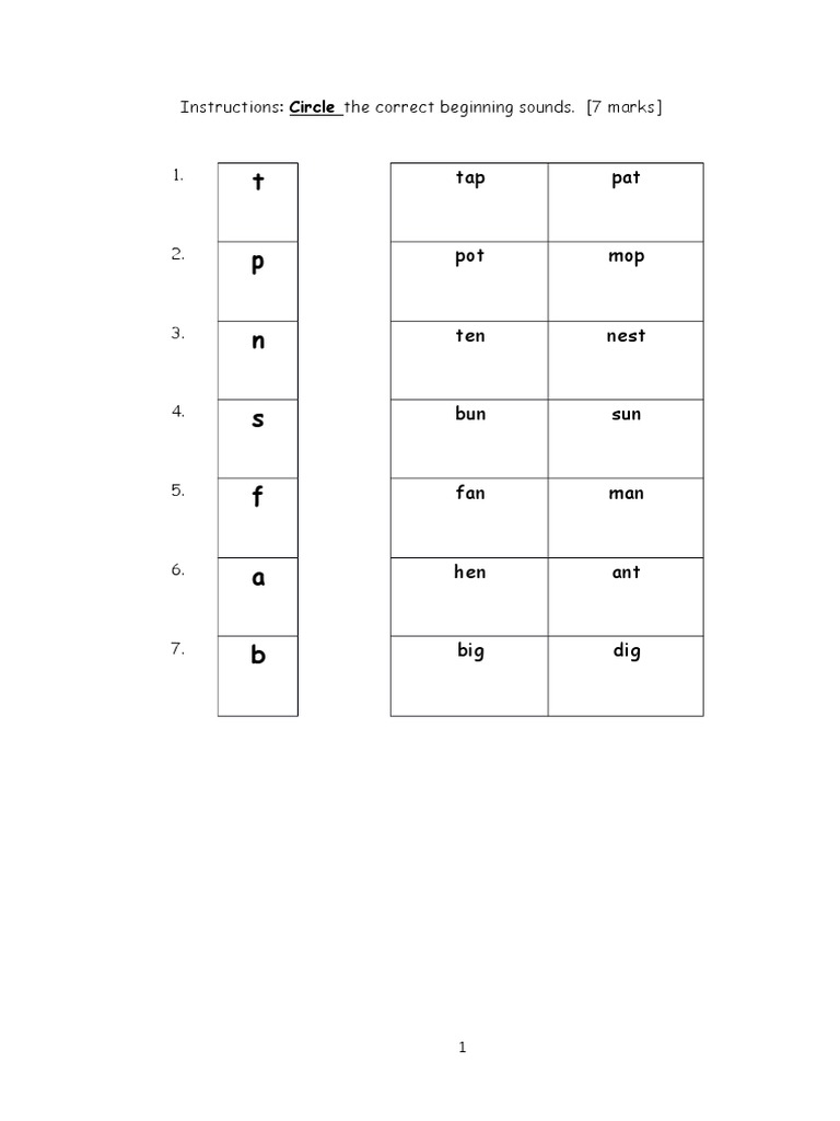 Beginning Sounds, Matching Words, Fill in Blanks Phonics Worksheet | PDF