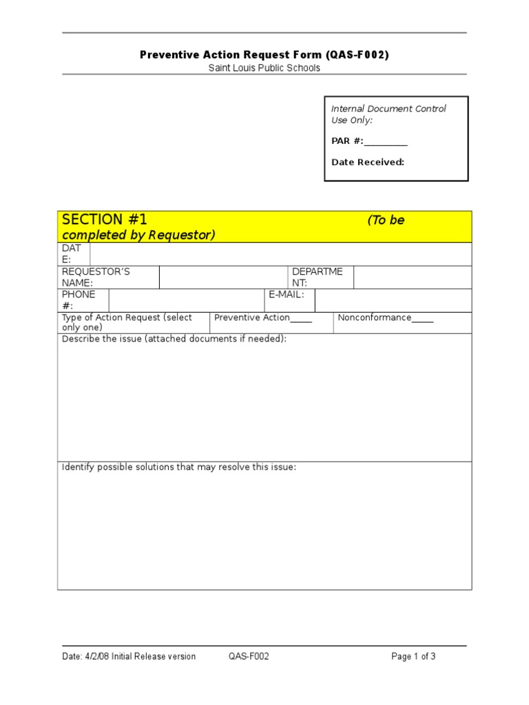 Preventive Action Request Form Template | PDF | Computers | Technology ...