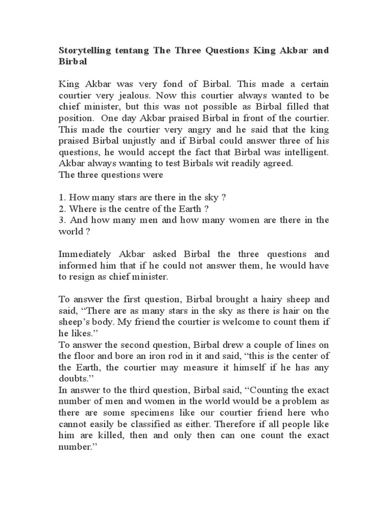 Akbar-Birbal's Three Questions Story | PDF | Mughal Empire | Timurid ...