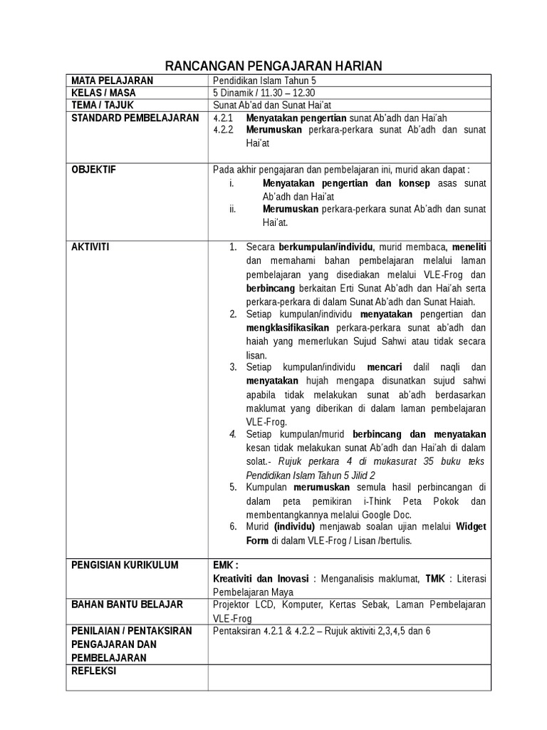 Contoh RPH - Sunat Ab'Adh Dan Haiah | PDF