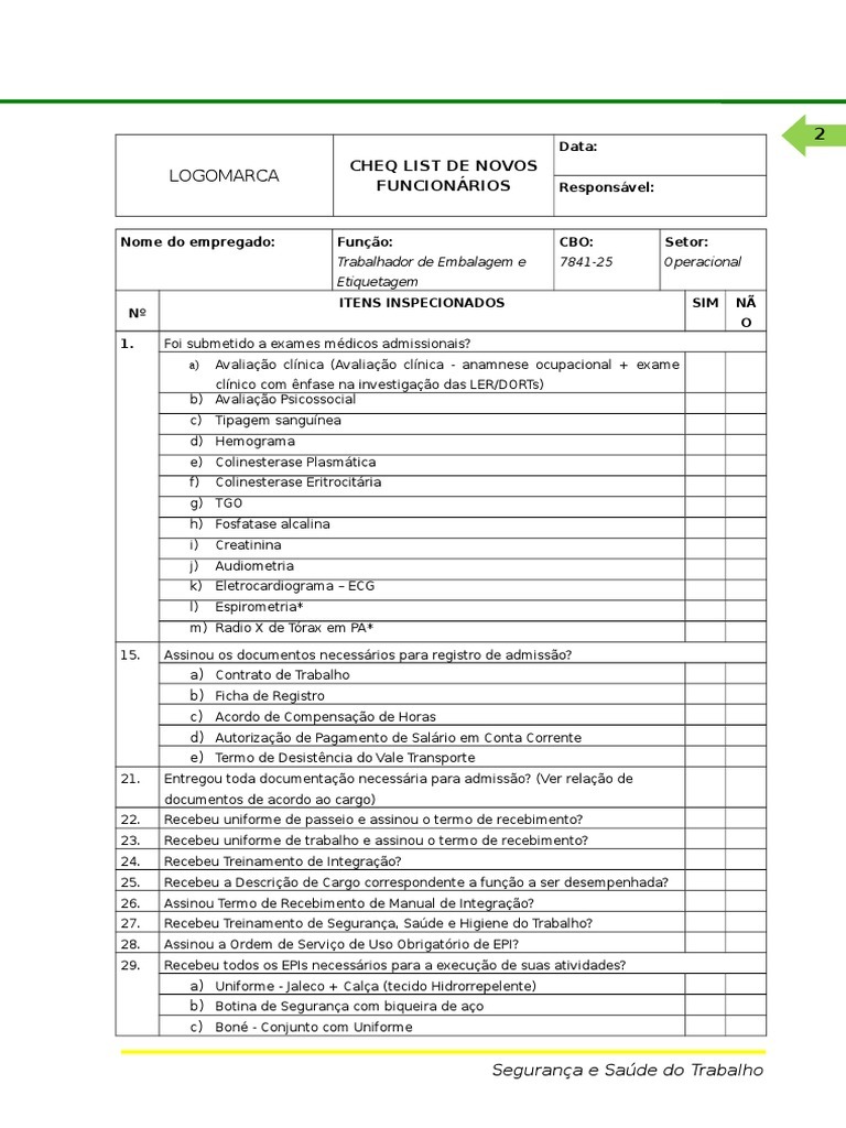 Check-List Novos Colaboradores - Modelo | PDF | Bem-estar | Médico