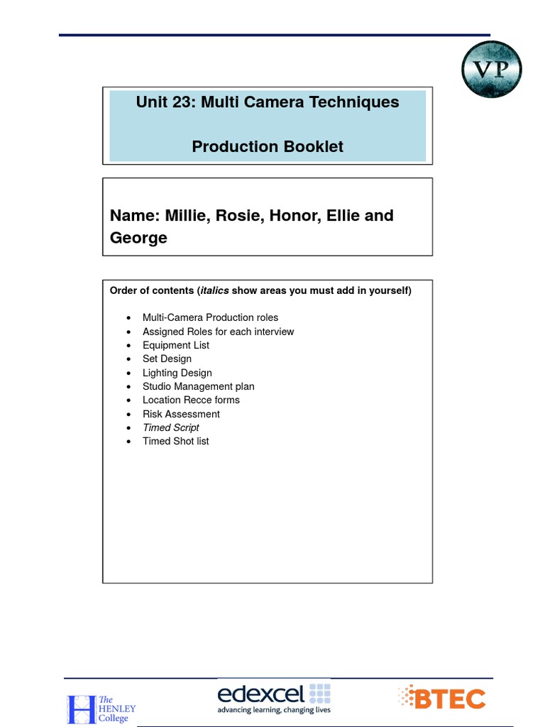 Production Booklet | PDF | Audio Engineer | Filmmaking