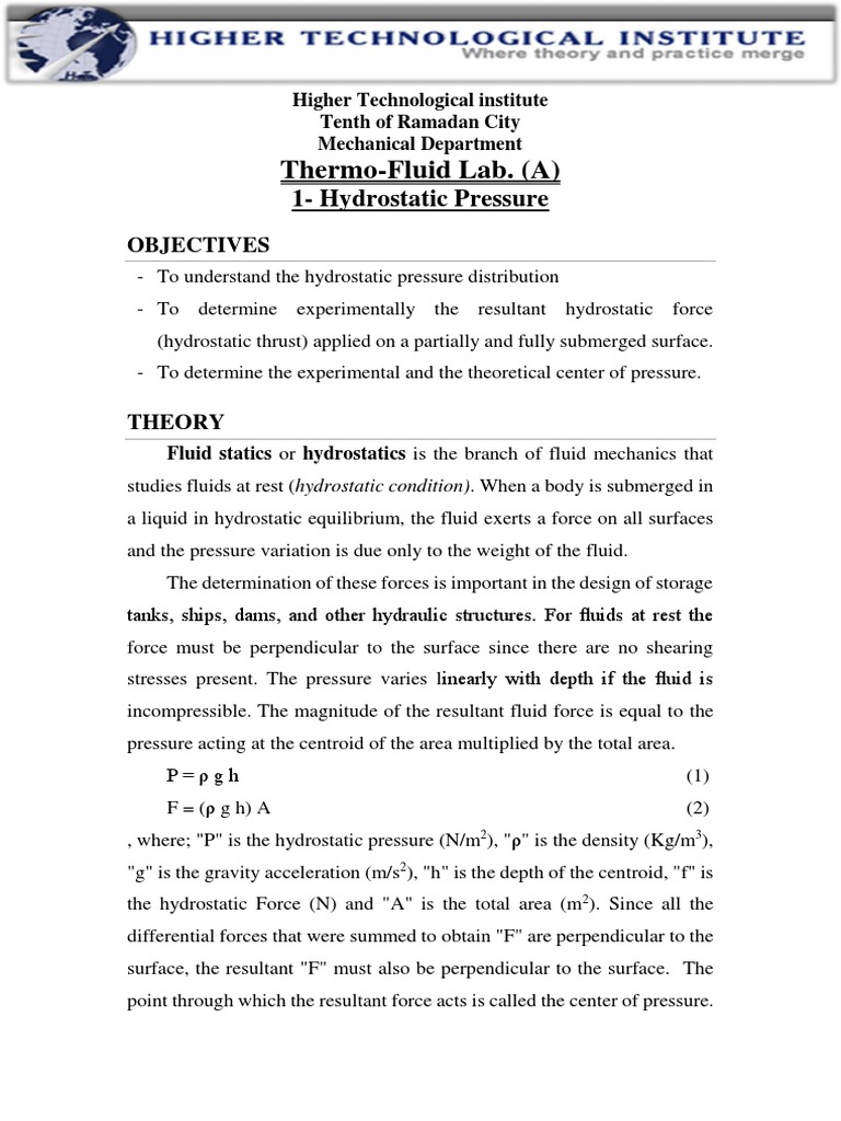Hydrostatic Pressure Lab Experiment | PDF | Pressure | Force