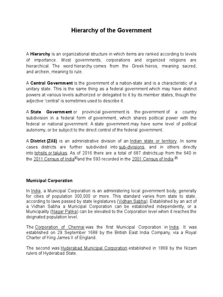 Hierarchy of The Government: Municipal Corporation | PDF | Local ...