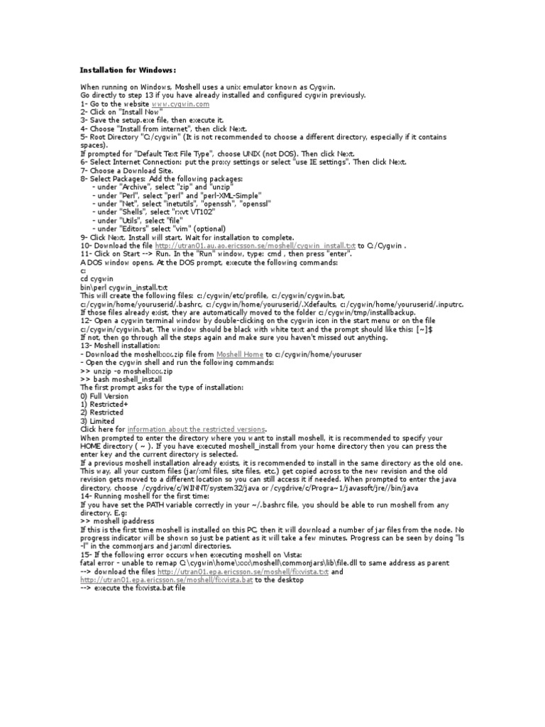 Cygwin & Moshell Windows Installation Guide | PDF | Command Line Interface | Zip (File Format)