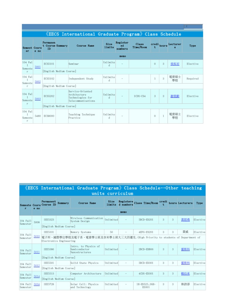 Class Schedule for International Graduate Program in Electrical and ...