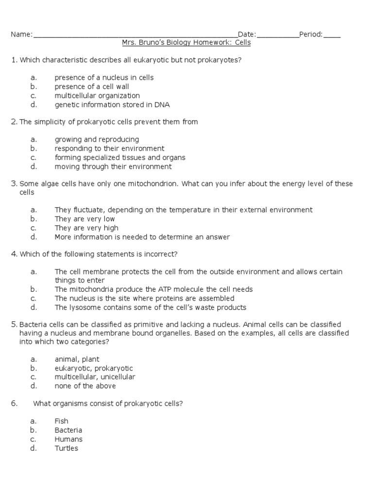 Cells and Cell Organelles Homework - Bruno Biology | PDF