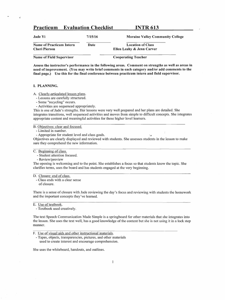 Practicum Field Placement Evaluation Intr613 | PDF | Lesson Plan | Neuropsychological Assessment