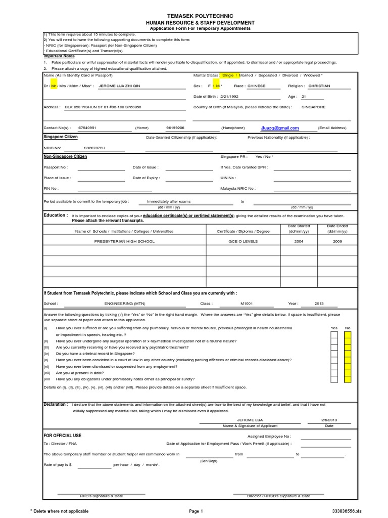Application Form For Temporary Appointments | PDF | Criminal Record ...