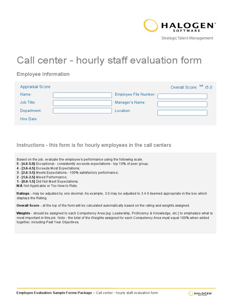 Call Center Hourly Staff Evaluation Form | PDF | Performance Appraisal ...