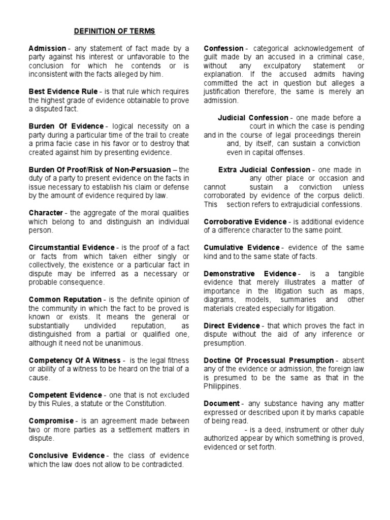 Evidence - Definition of Terms | PDF | Evidence (Law) | Confession (Law)