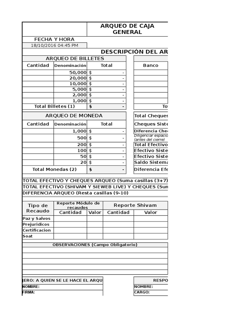 Formato Arqueo de Caja General | PDF
