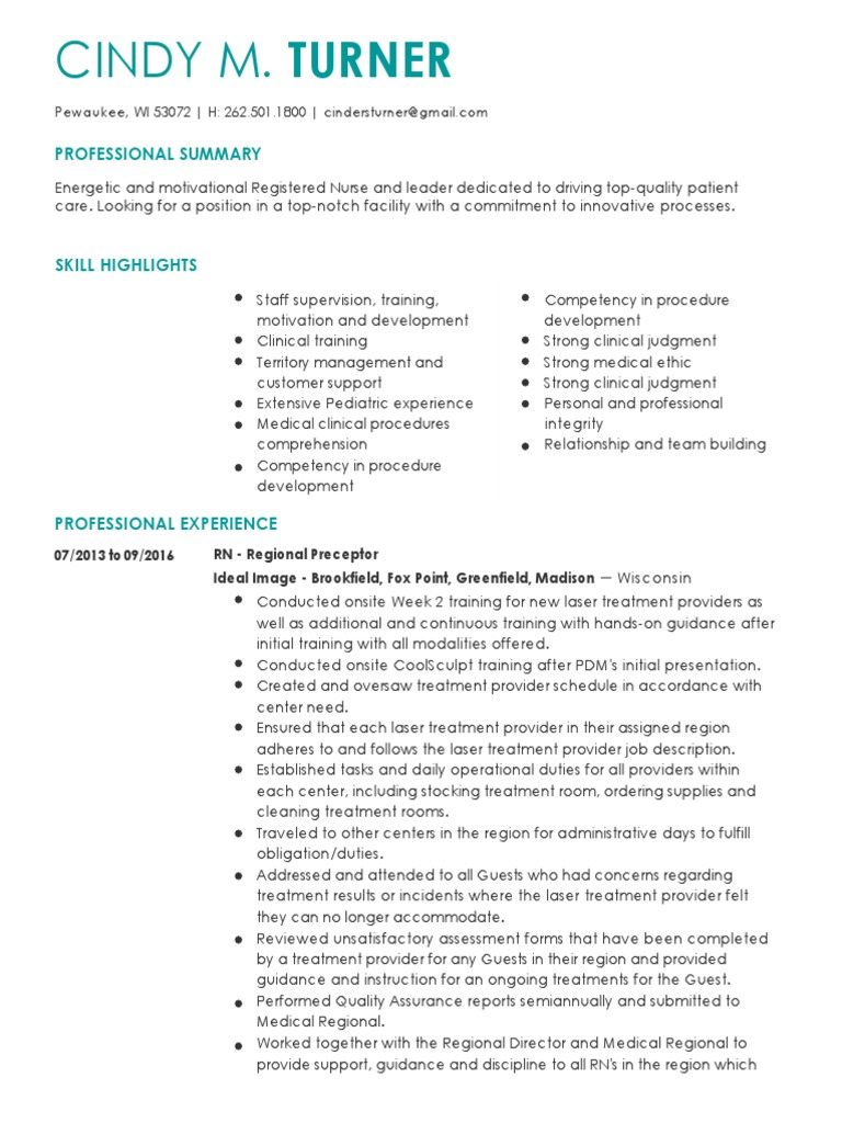 Regional Aesthetic RN Preceptor in Milwaukee WI Resume Cindy Turner ...
