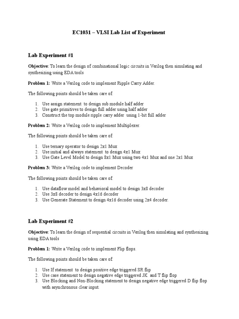 VLSI Lab Experiments Guide | PDF | Digital Electronics | Computer ...