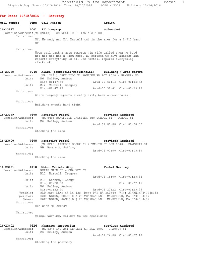 Police Dispatch Log 10/15/16 | PDF | Road Transport | Vehicles