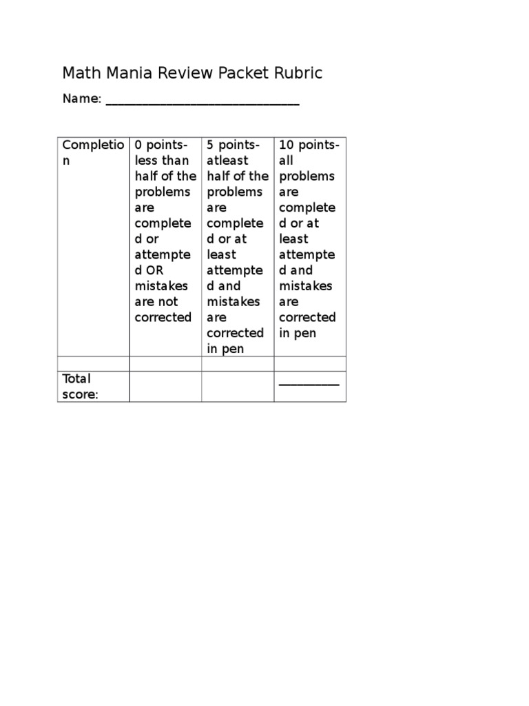 Math Mania Review Homework Rubric | PDF