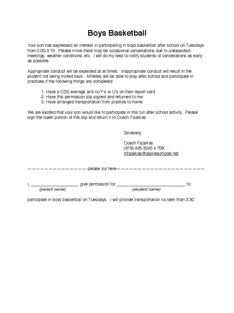 Boys Basketball Permission Slip | PDF