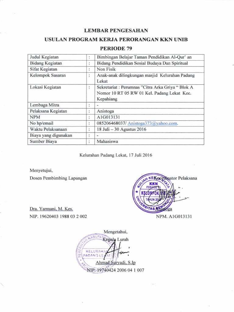 Contoh Cara Membuat Lembar Pengesahan Program Kegiatan KKN | PDF