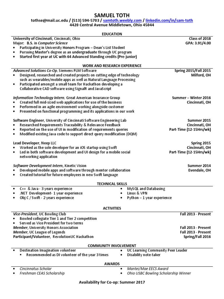 Toth Co-Op Resume Summer 2017 | PDF | Application Software | Software